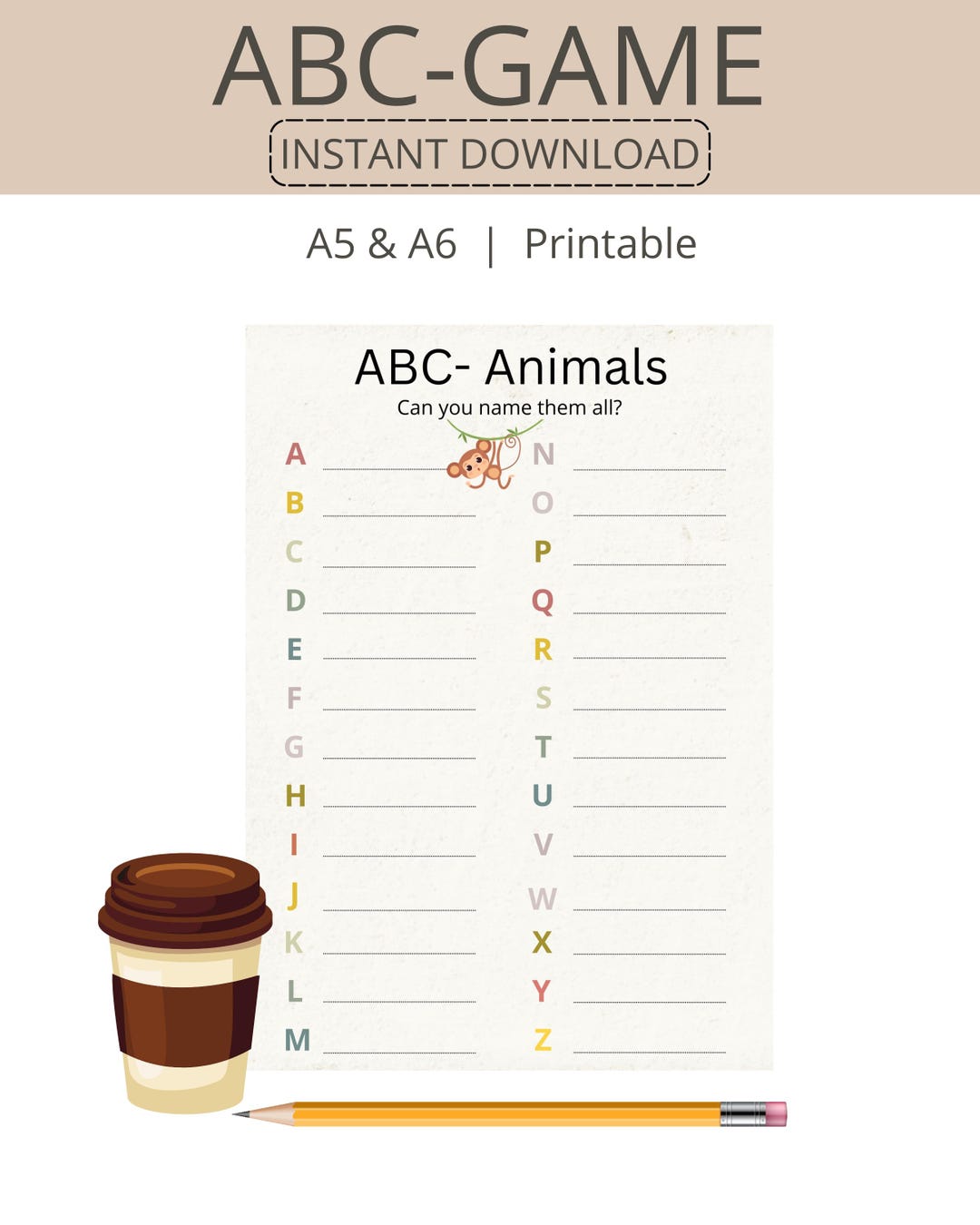 ABC Game Printable | Fun Learning Game for Kids | Animal, City & Artist ...