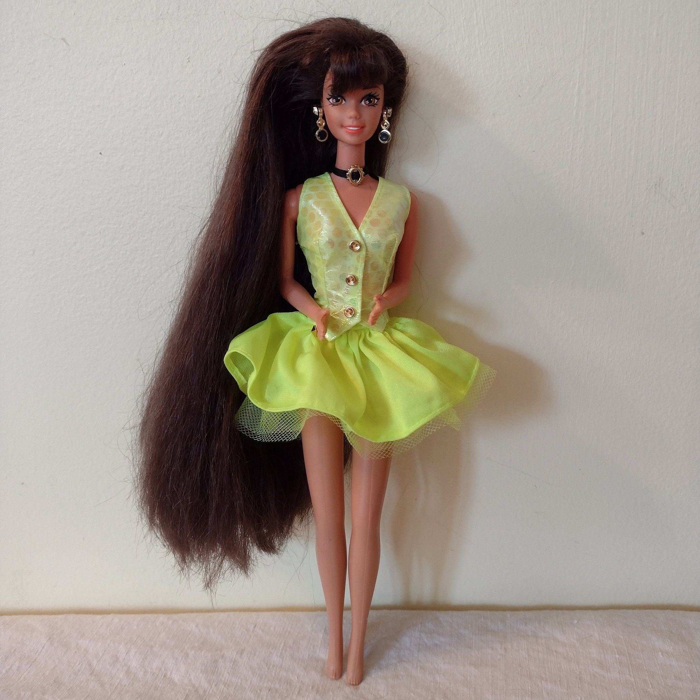 Vintage Brunette Long Hair Barbie Doll Year 1966. Wear Green Dress, and ...
