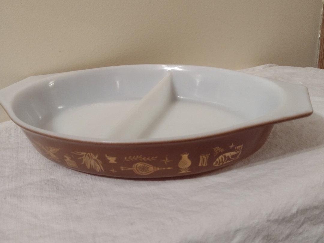 Vintage PYREX Divided Dish Casserole. Oval Shape. Brown/gold, and White ...