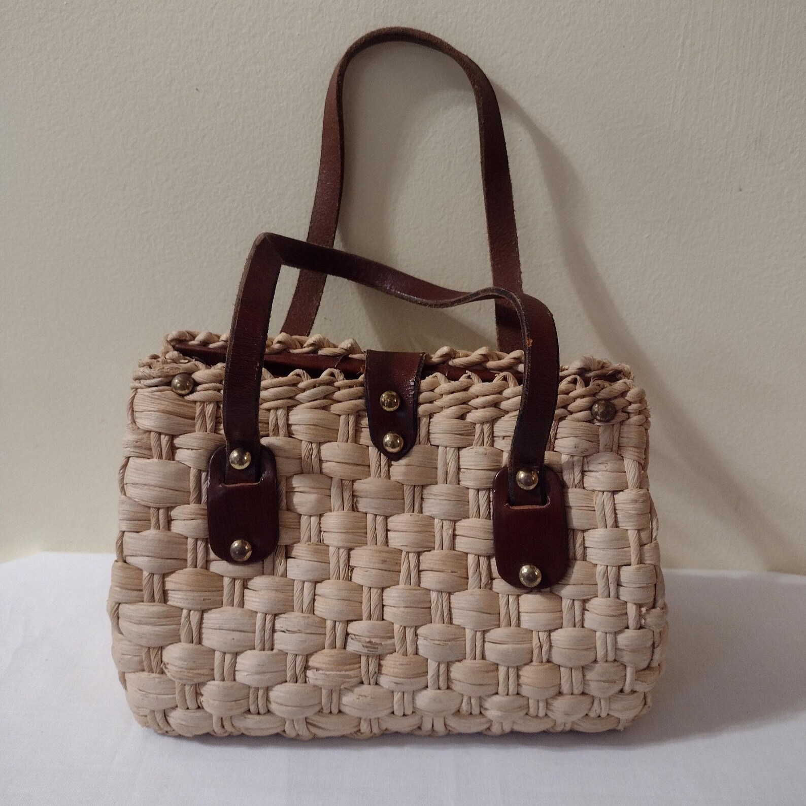 Vintage Wicker Purse With Brown Leather Straps. Hard Plastic Lining, 1 ...