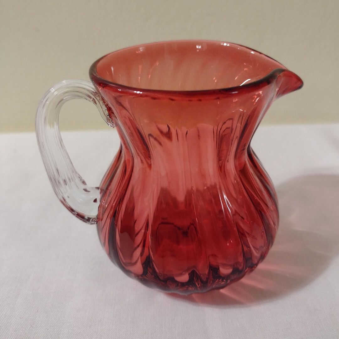 Vintage Pilgrim Cranberry Glass Pitcher With Striated Handle. Size 3.5 ...