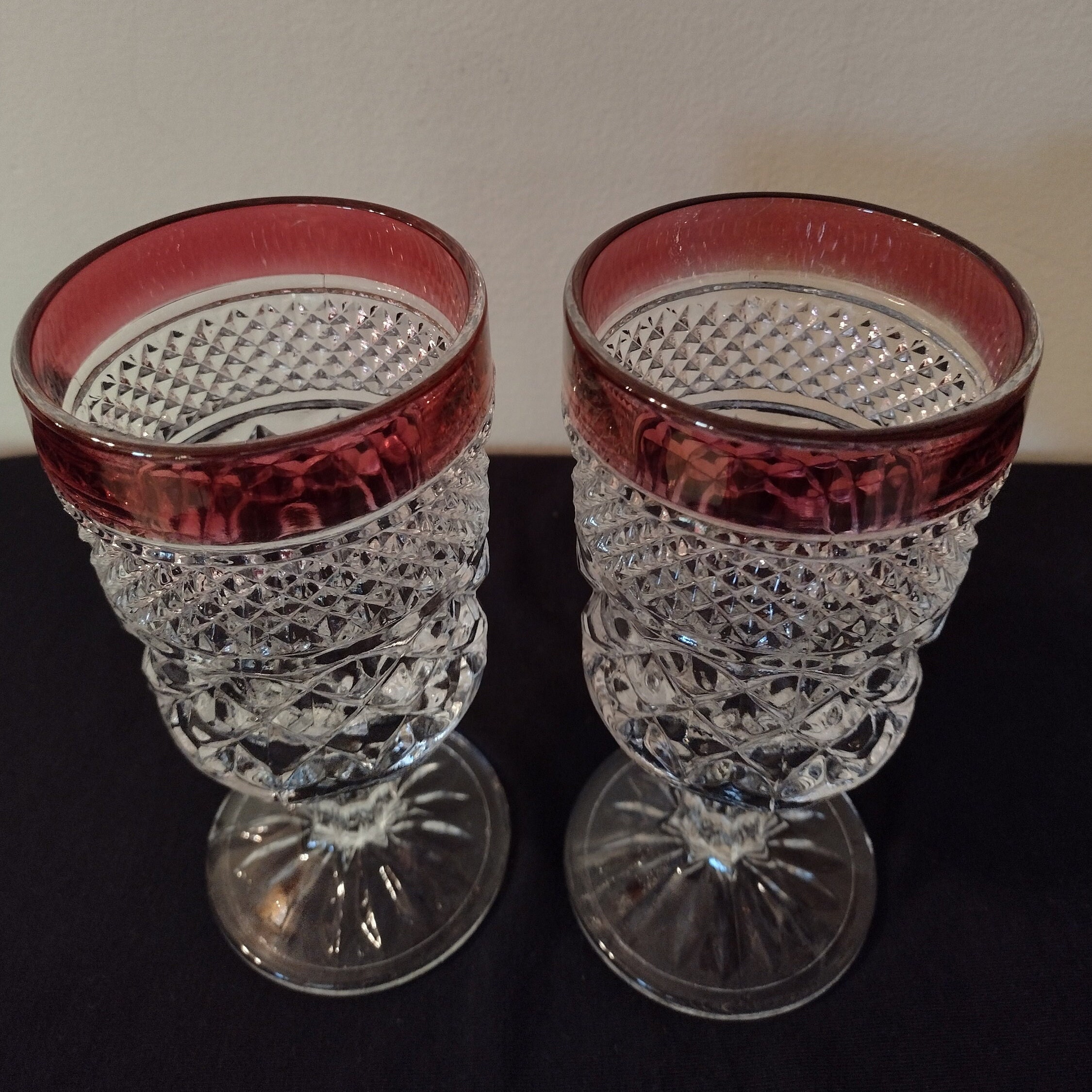 Vintage Sets of Two Goblet Vine Glasses Ruby Red Border. Diamond Point ...