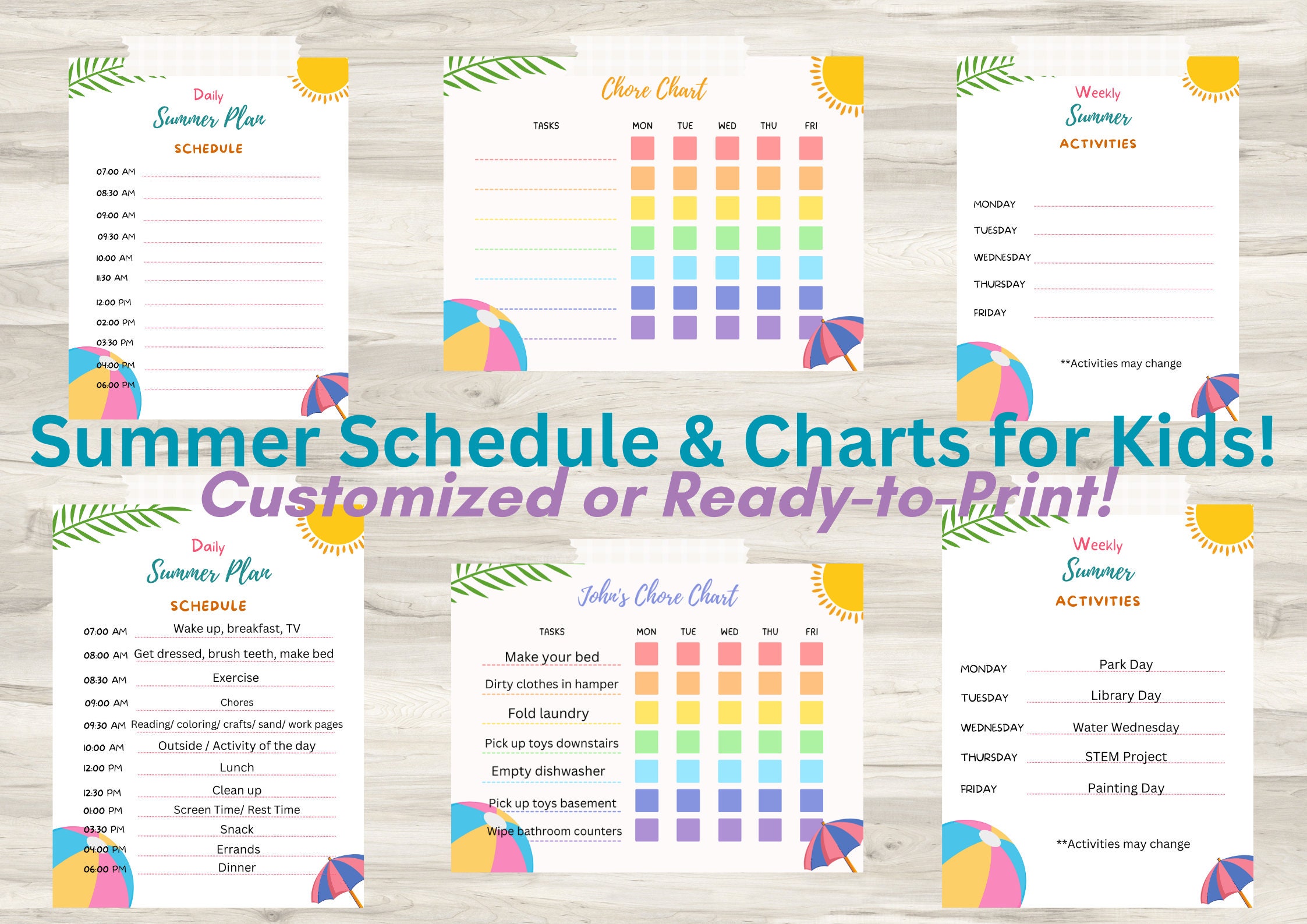 Kids Summer Schedule Chore Chart & Activity Plan Custom Made-to-order ...