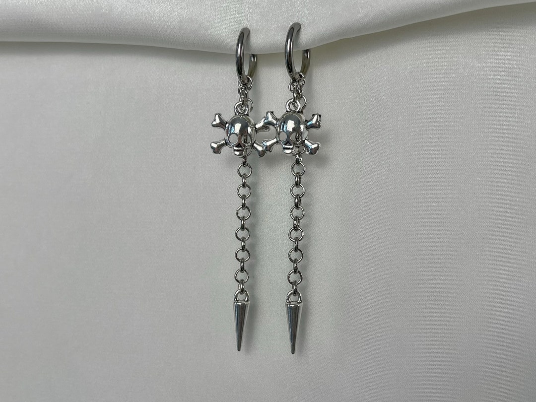 Skull Spiked Earrings | Grunge Jewelry Hypoallergenic Y2k Alt Goth Edgy Punk Star Silver Dangly ...