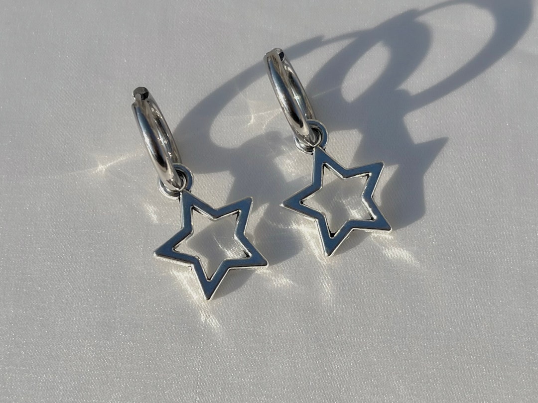 Star Hoop Huggie Earrings | Hypoallergenic Y2K Silver Grunge Jewelry - Etsy