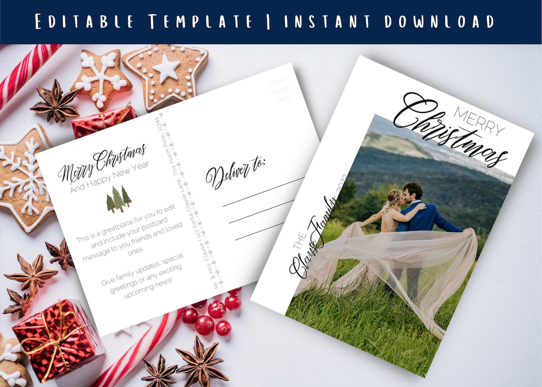 Christmas Postcard Editable Template | Photo Christmas Card | Happy ...