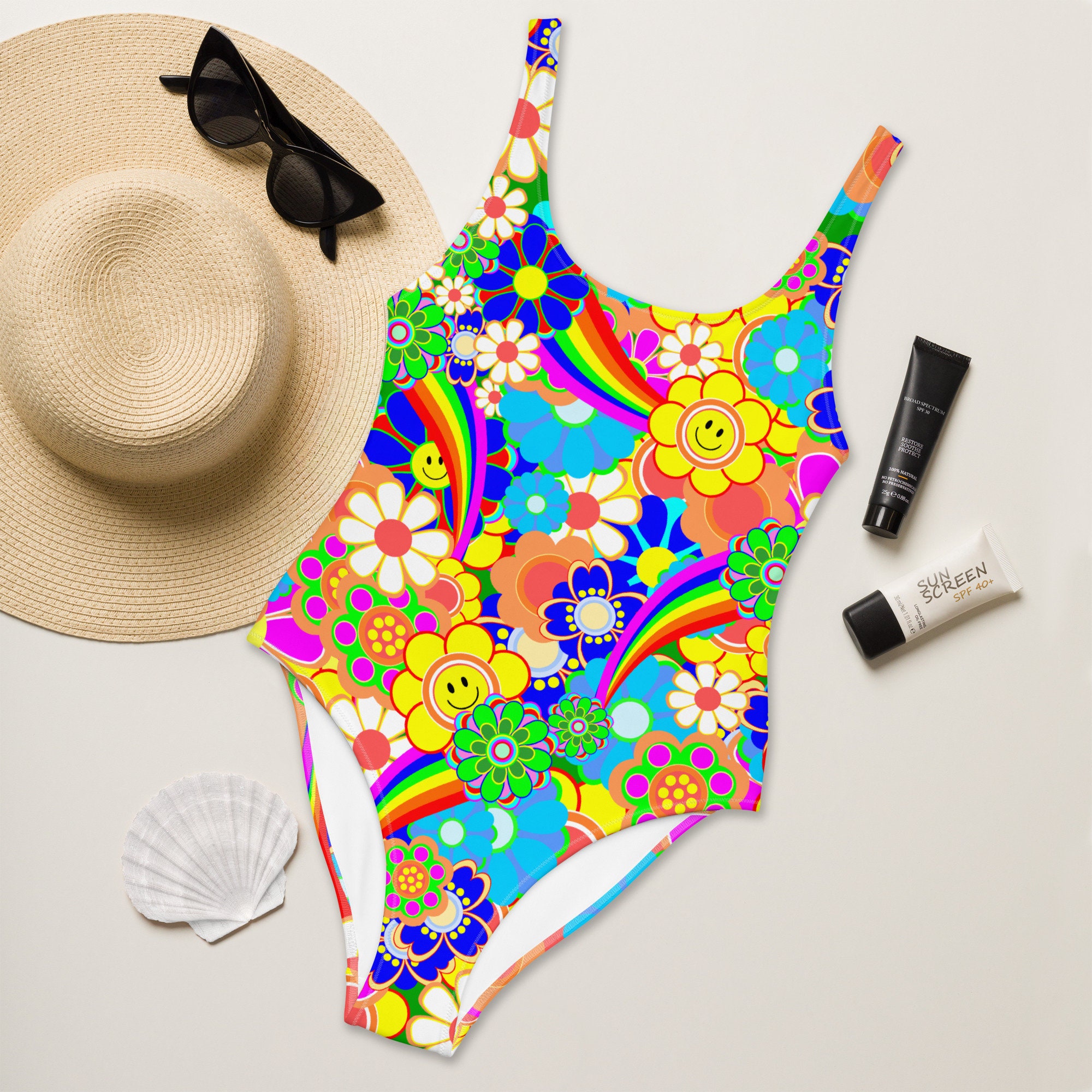 One Piece Swimsuit Retro 70s Flowers Rainbows Bathing Costume, Plus ...