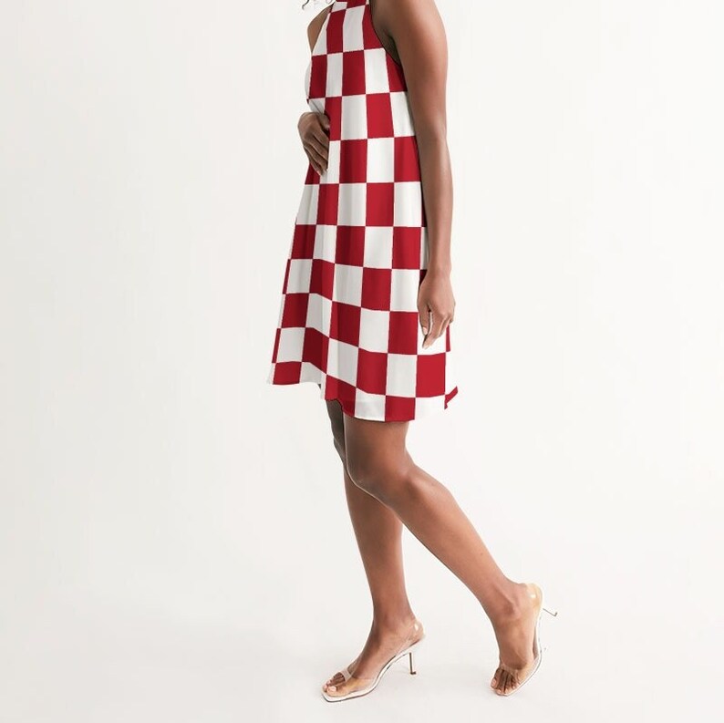 Check Dress, Red White Checkered Halter Neck Dress, Check A-line ...
