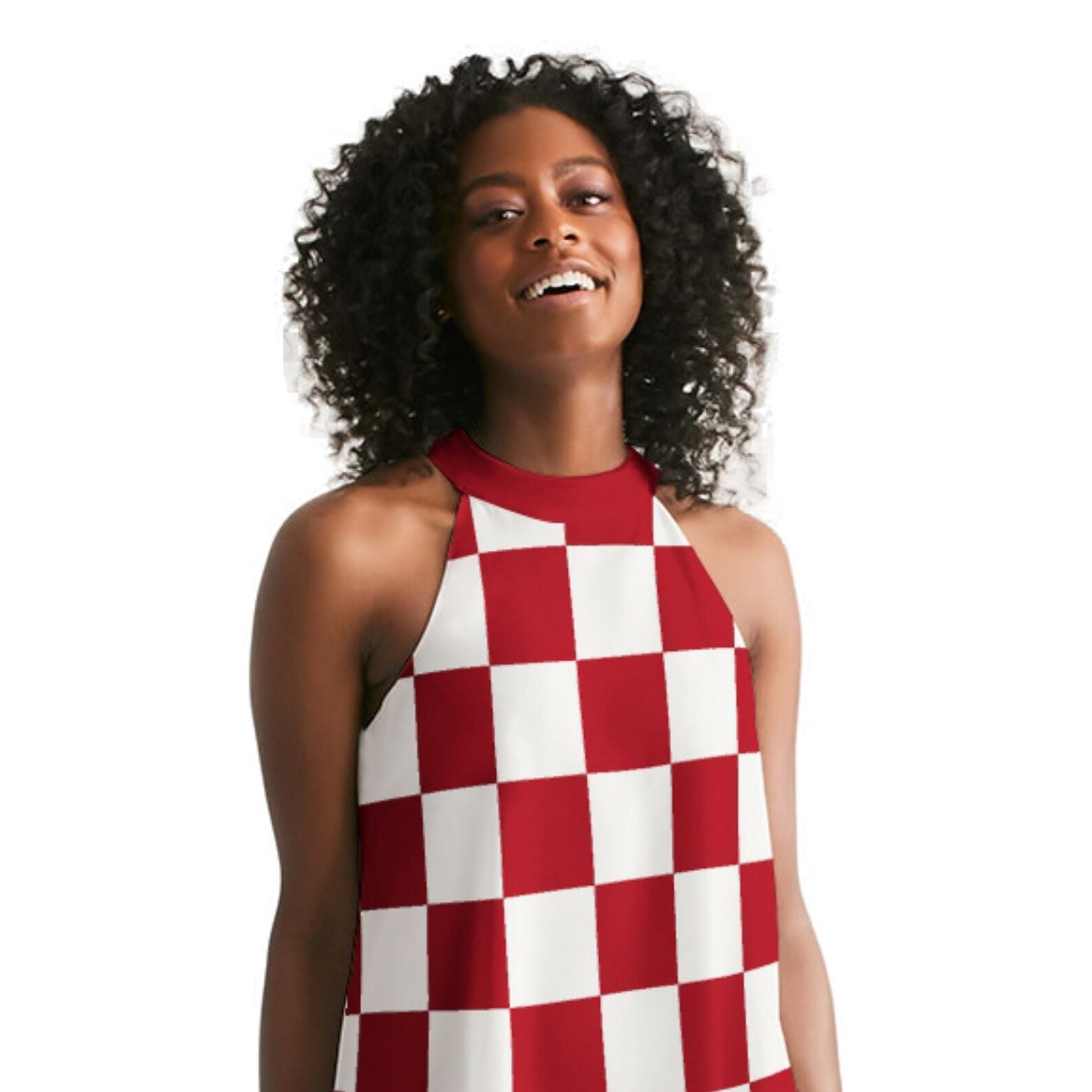 Check Dress, Red White Checkered Halter Neck Dress, Check A-line ...