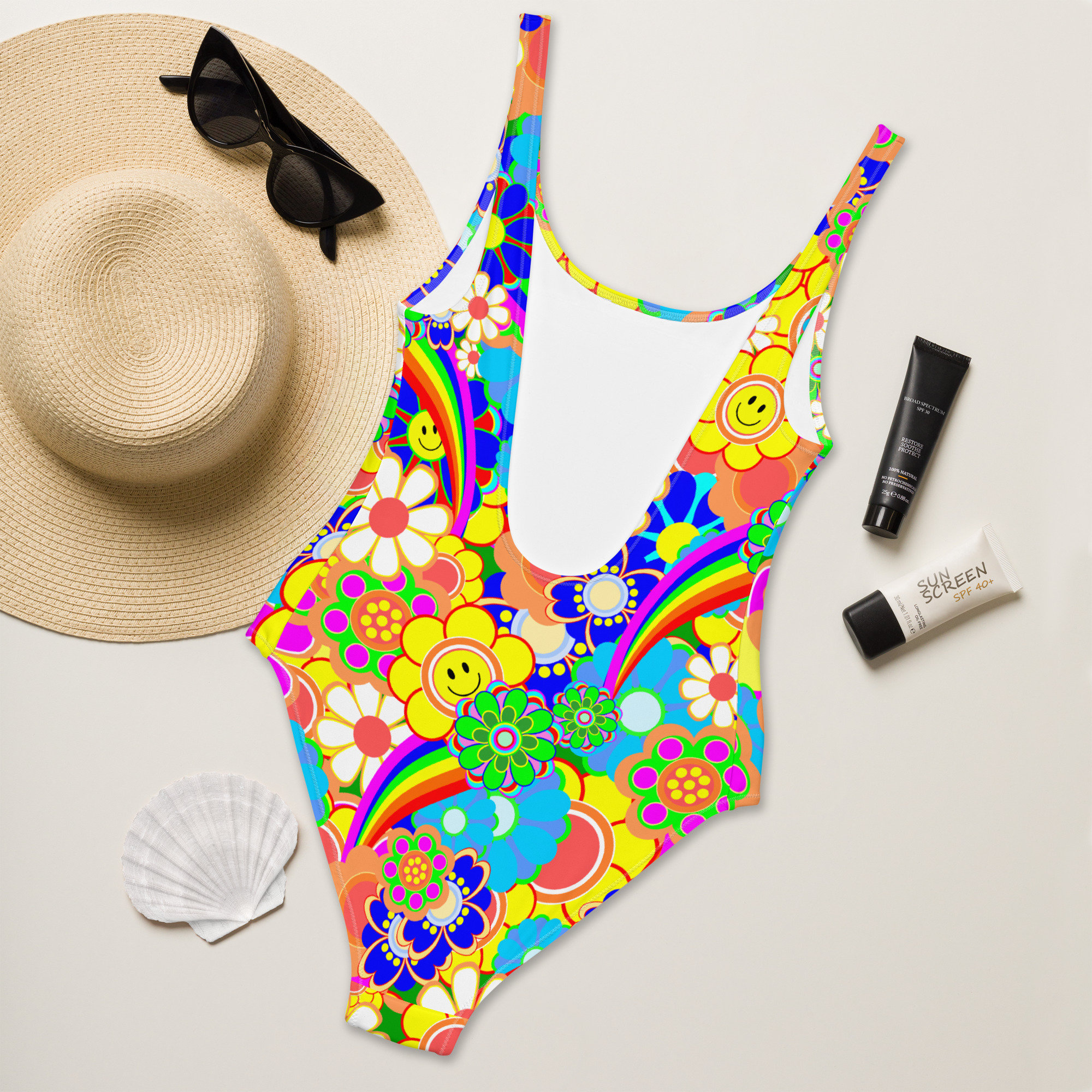 One Piece Swimsuit Retro 70s Flowers Rainbows Bathing Costume, Plus ...