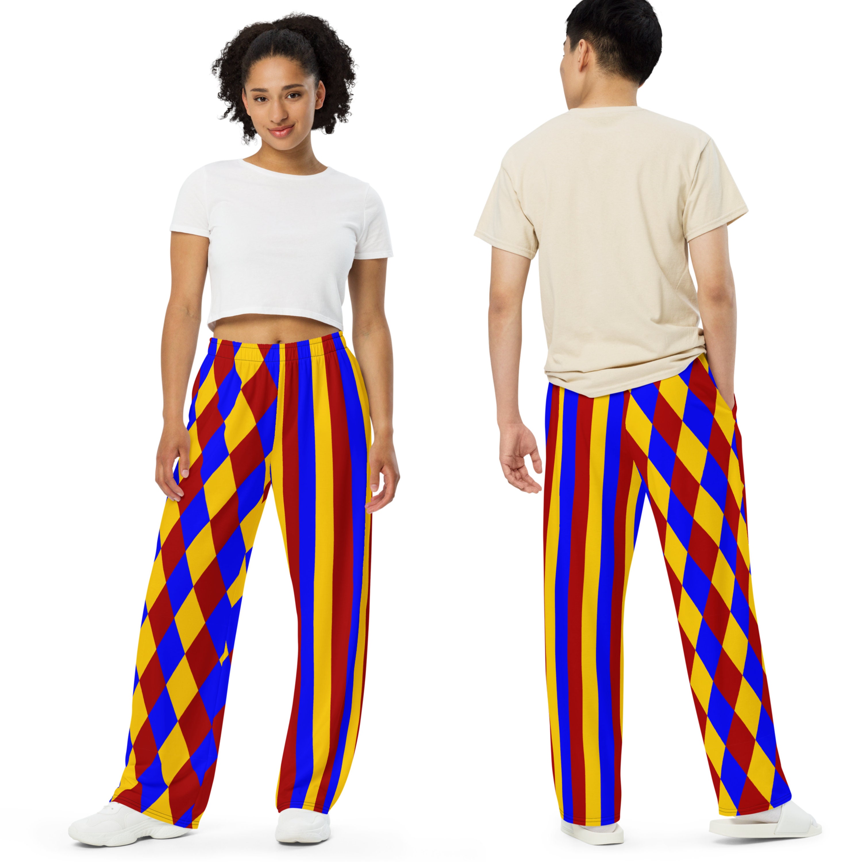 Harlequin Striped Red Blue Gold Unisex Wide-leg Pants Trousers, Sizes ...