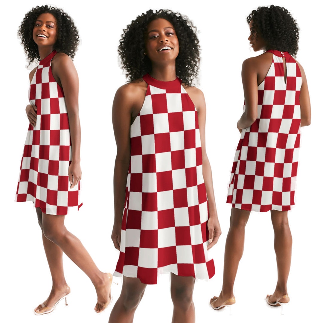 Check Dress, Red White Checkered Halter Neck Dress, Check A-line ...