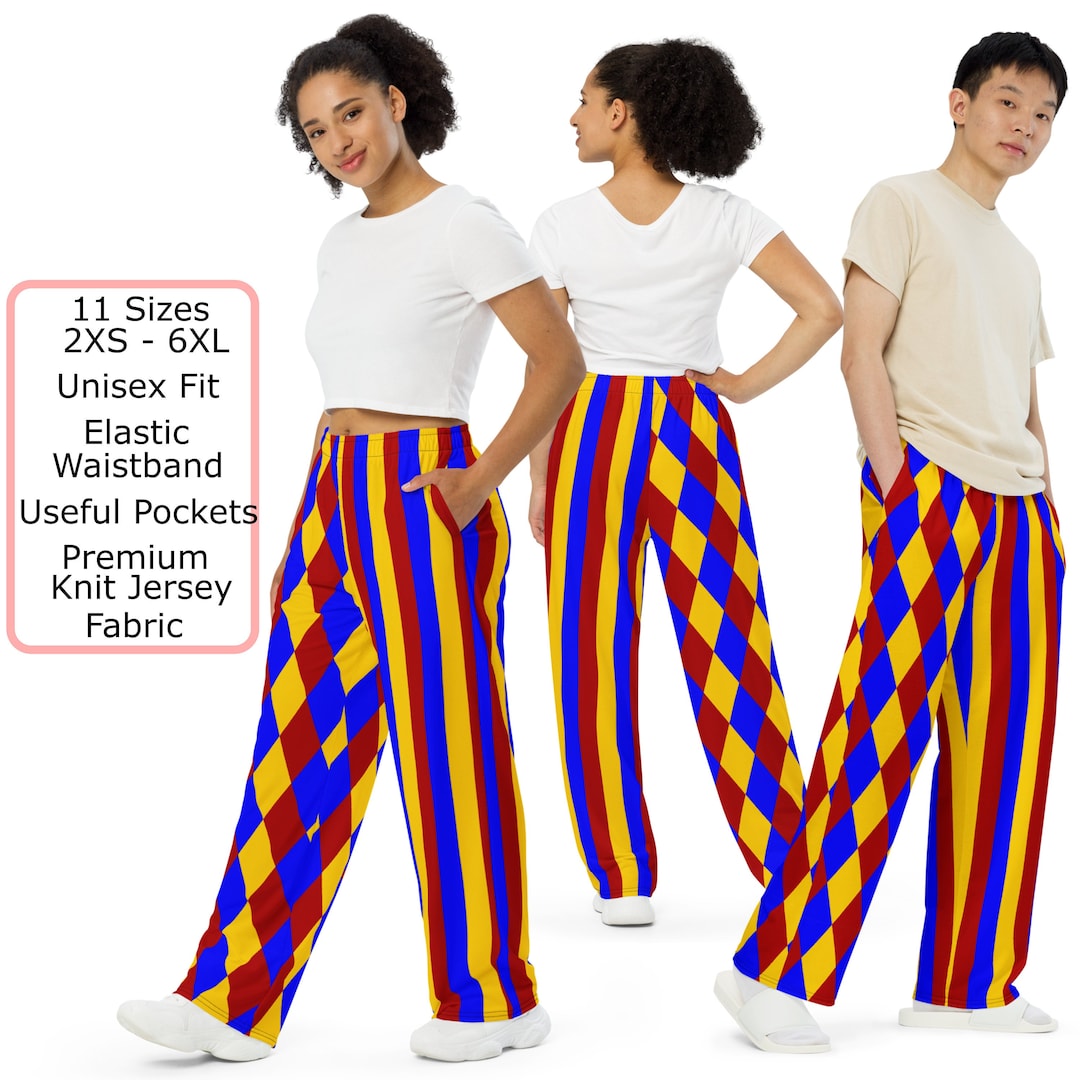 Harlequin Striped Red Blue Gold Unisex Wide-leg Pants Trousers, Sizes ...