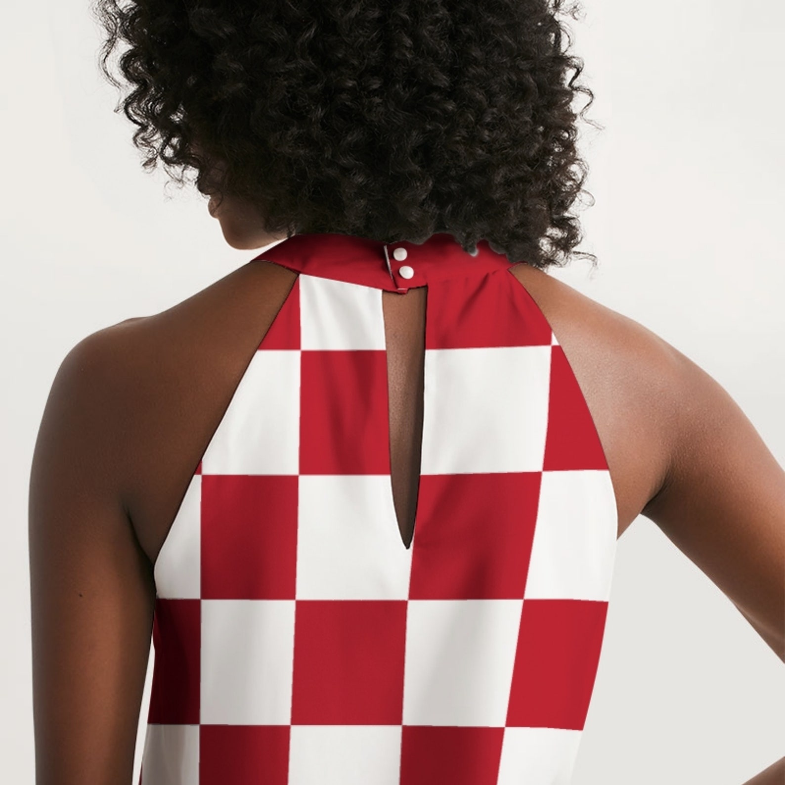 Check Dress, Red White Checkered Halter Neck Dress, Check A-line ...