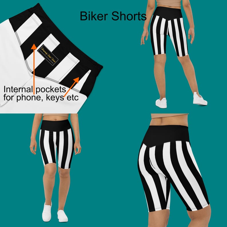 Black White Striped Women's Biker or Yoga Shorts, Vertical Striped ...