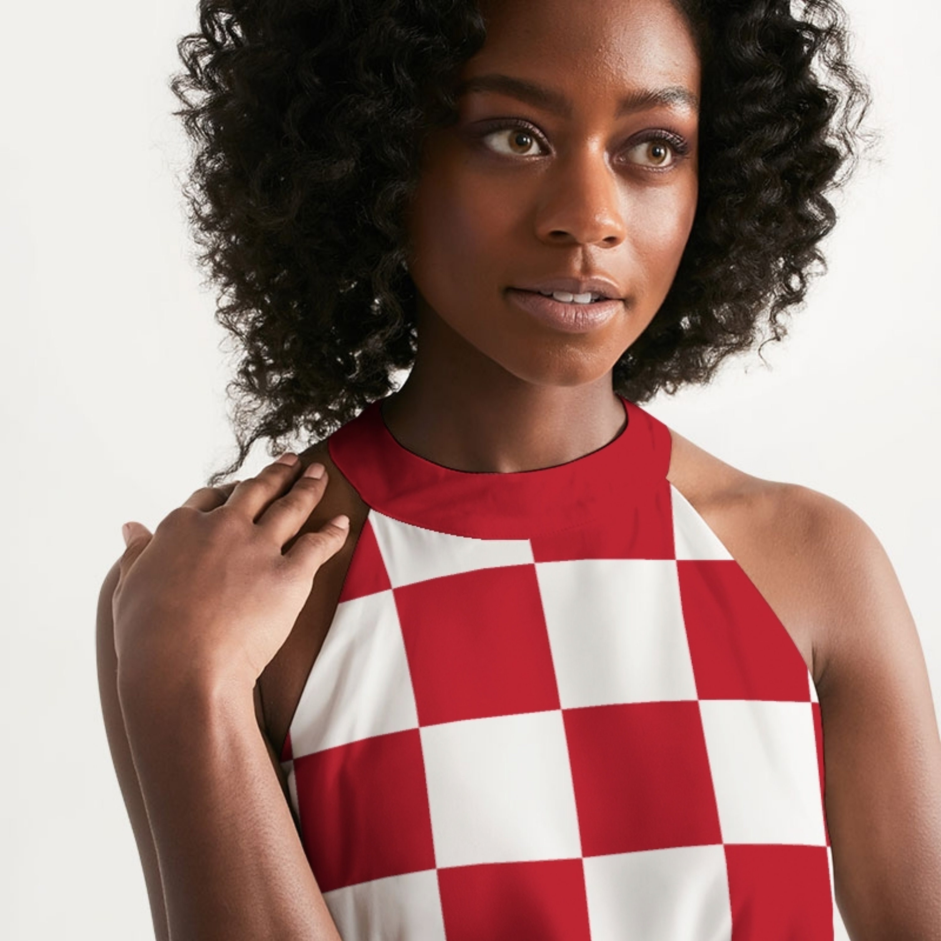 Check Dress, Red White Checkered Halter Neck Dress, Check A-line ...