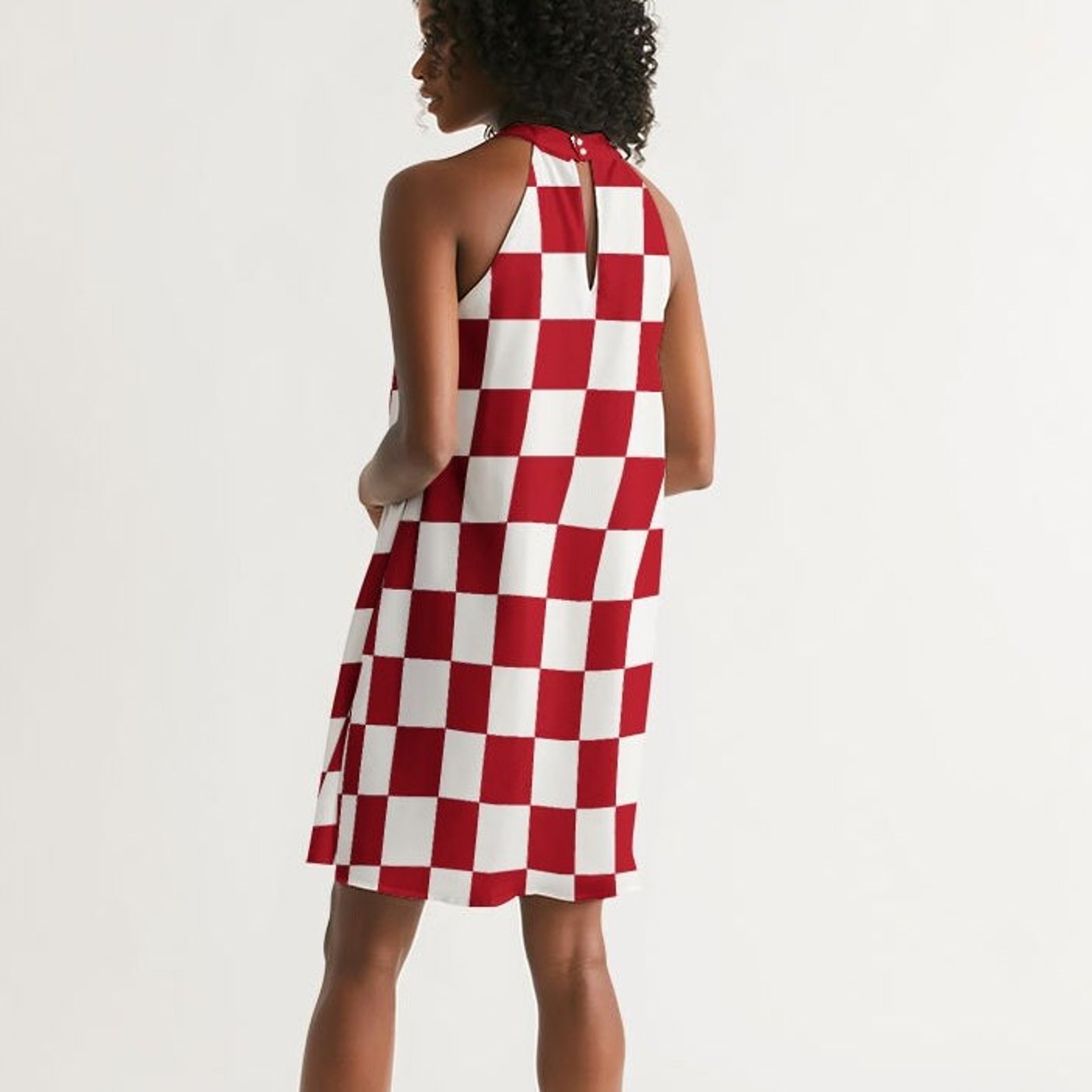 Check Dress, Red White Checkered Halter Neck Dress, Check A-line ...