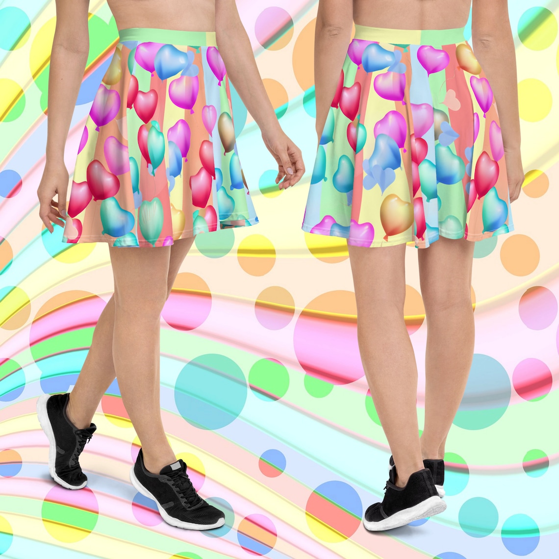 Kidcore Skater Skirt With Heart Shaped Balloons, Clowncore Flare Circle ...
