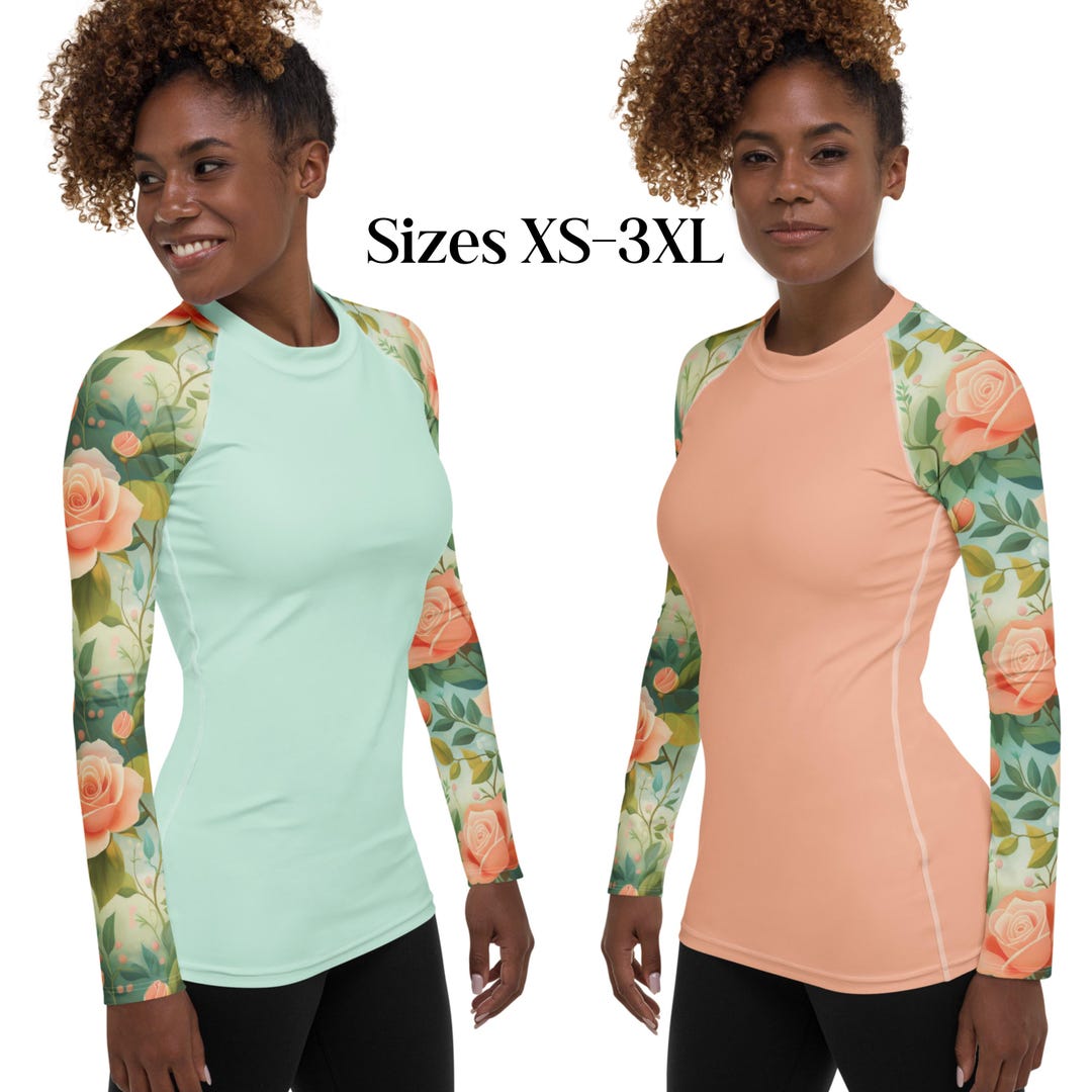Floral Rash Guard, Pastel Color Block Women's Flower Rashguard, Spring ...