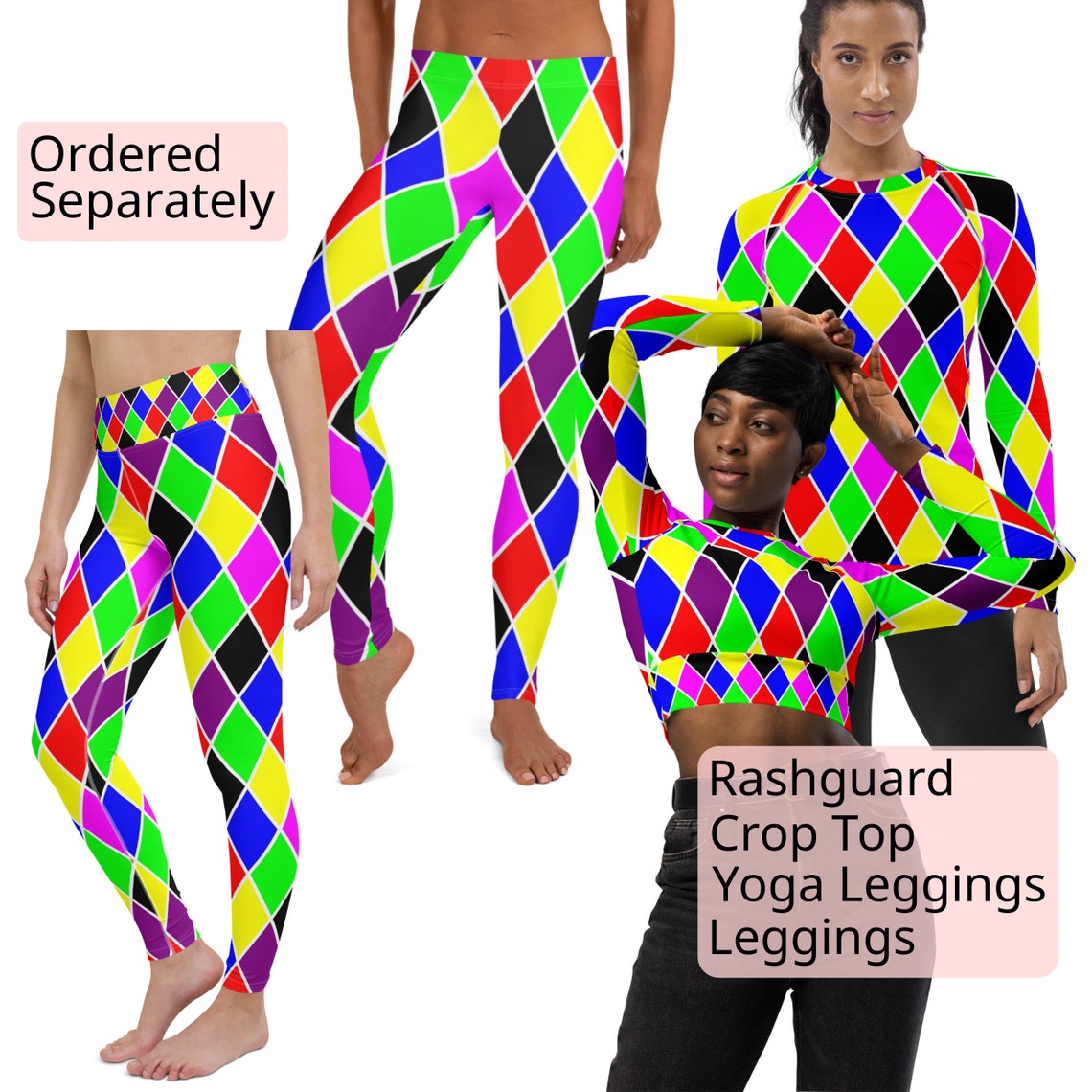 Harlequin Jester Leggings, Yoga Leggings, Crop Top, Rash Guard, Cosplay ...