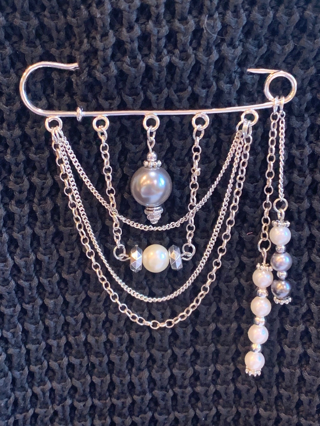 Safety Pin Brooch With Faux Pearl Beads and Chains - Etsy