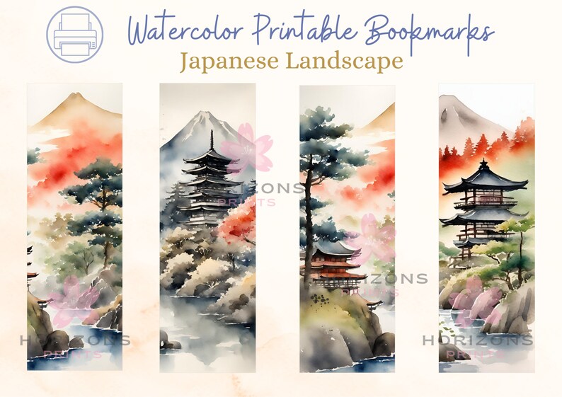 Watercolor Japanese Landscape Printable Bookmarks Cherry - Etsy