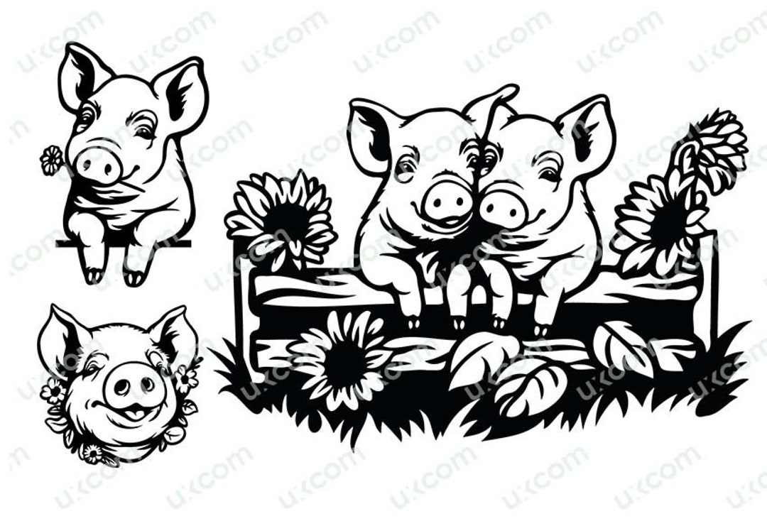 Cute Pig Set Commercial Peeking Piglets Farm Flowers Pig Floral Logo ...