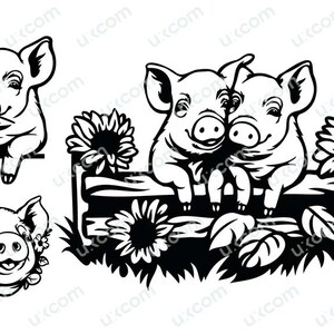 Cute Pig Set Commercial Peeking Piglets Farm Flowers Pig Floral Logo ...