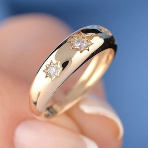 Star Signet Ring, 14k Solid Gold Ring, Star Dome Ring, Starburst ...