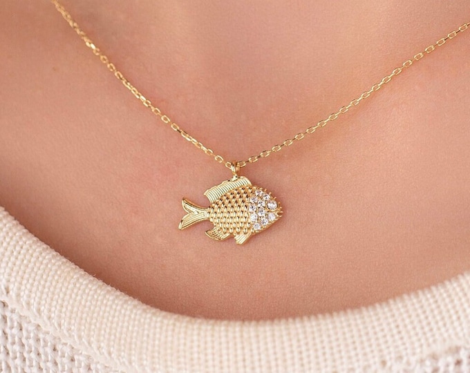 14k Solid Gold Fish Necklace, Gold Fish Pendant Necklace, Cute Animal ...