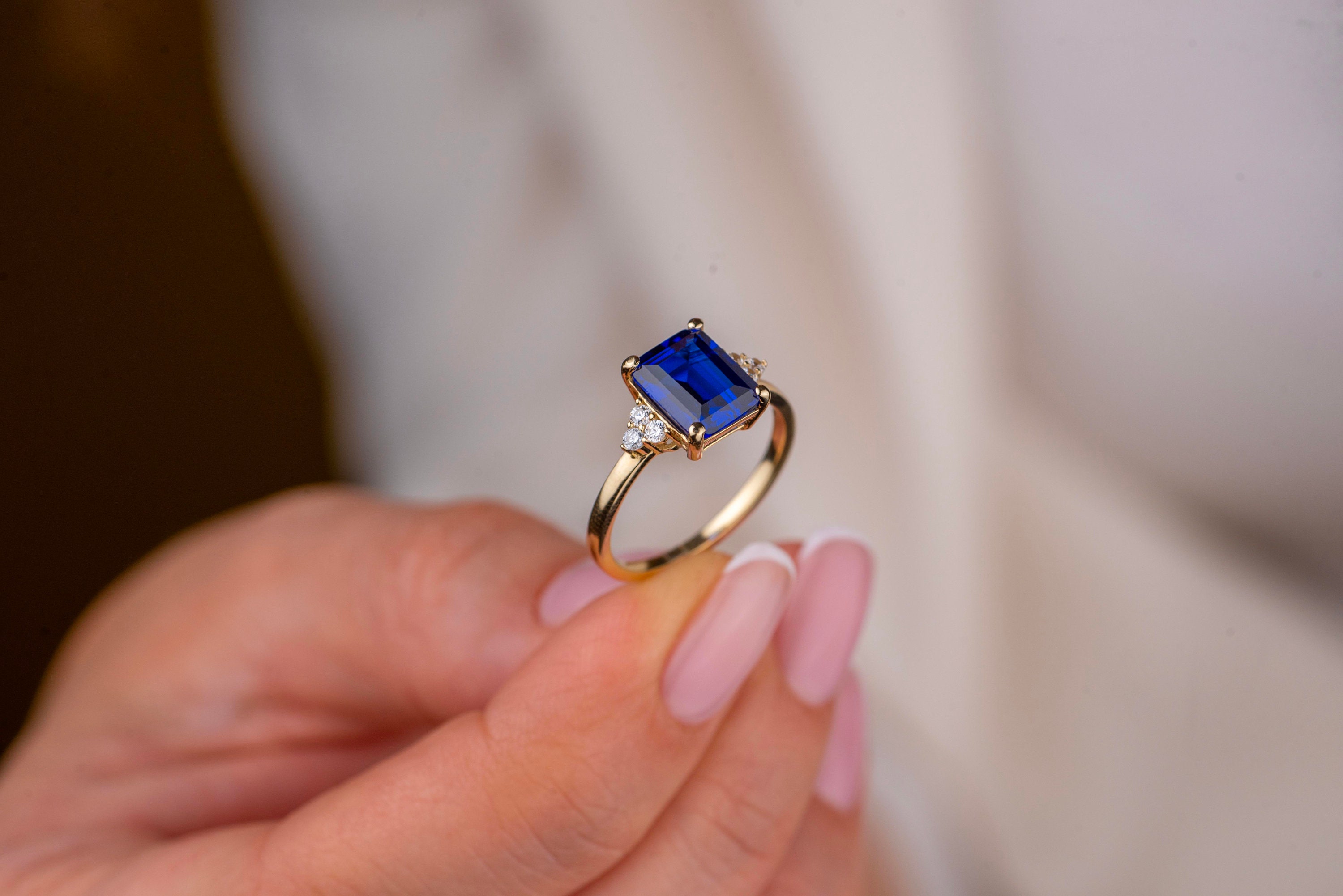 14k Solid Gold Deep Blue Emerald Cut Baguette Ring, Solitaire Promise ...
