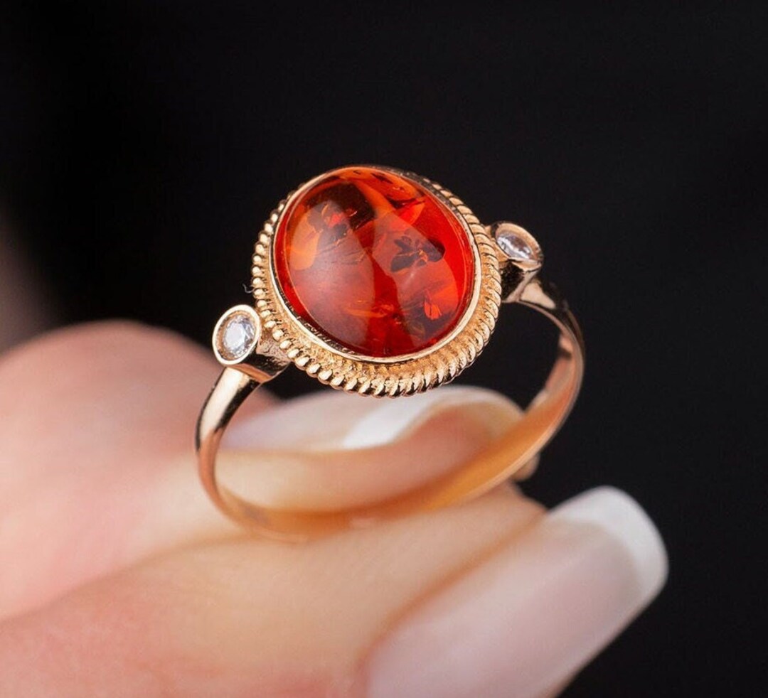14k Solid Gold Baltic Amber Ring, Natural Stone Ring, Dainty Birthstone ...