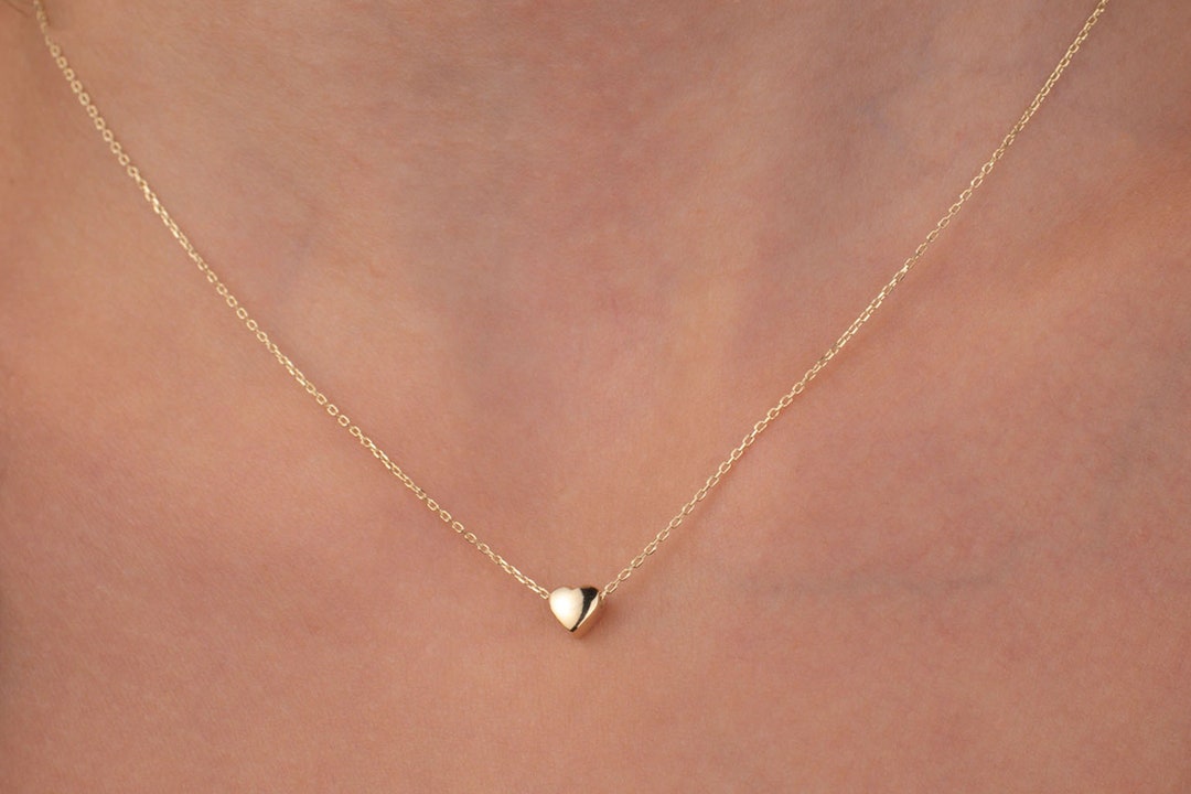 14K Solid Gold Heart Necklace, Tiny Heart Charm, Heart Charm Necklace ...