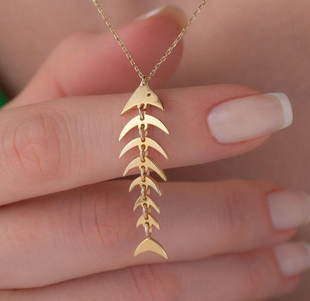 Gold Fish Necklace, 14k Solid Gold Necklace, Fishbone Necklace, Gold ...