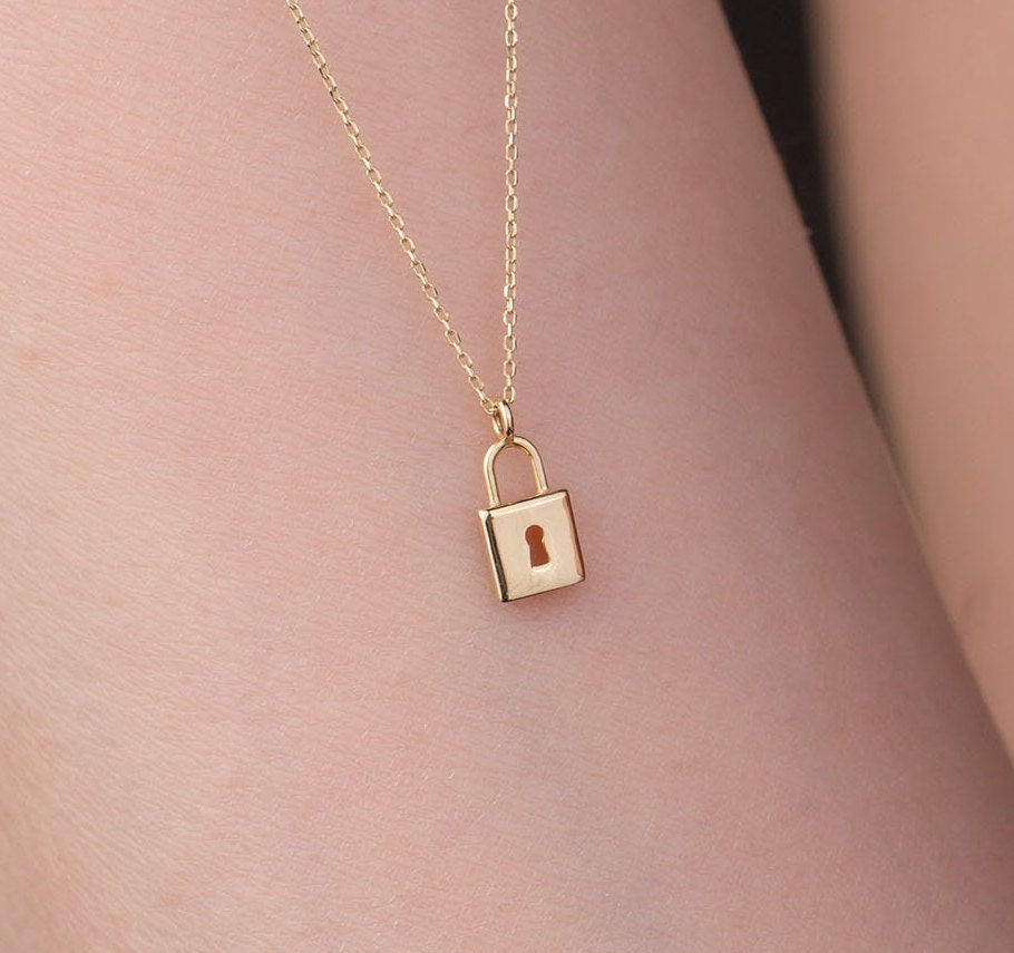 Gold Lock Necklace 14k Solid Gold Necklace Lock Pendant - Etsy