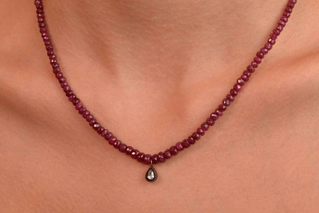 Genuine Ruby Necklace, Ruby Bead Necklace, Drop-cut,teardrop Diamond Necklace,natural Ruby ...