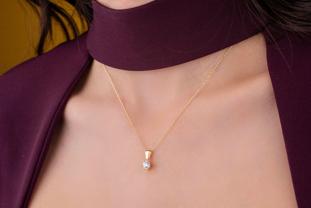 14k Solid Gold Round Cut Solitaire Necklace, 6 Prong Solitaire ...