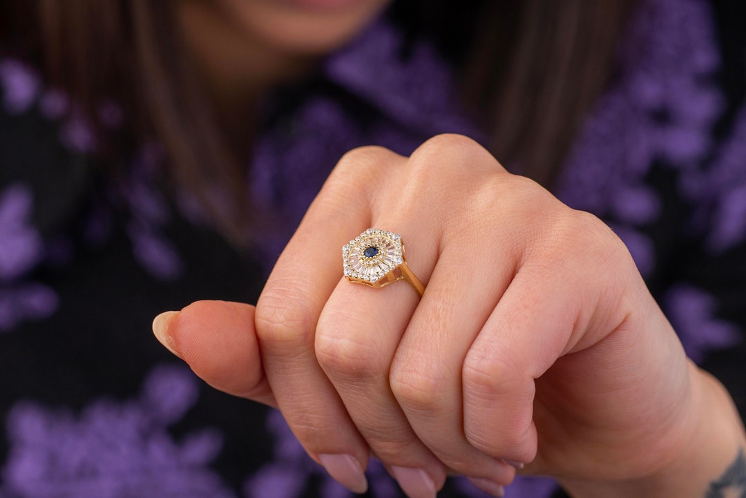 14k Solid Gold Hexagon Ring, Dainty Geometric Ring, Vintage Style Ring ...