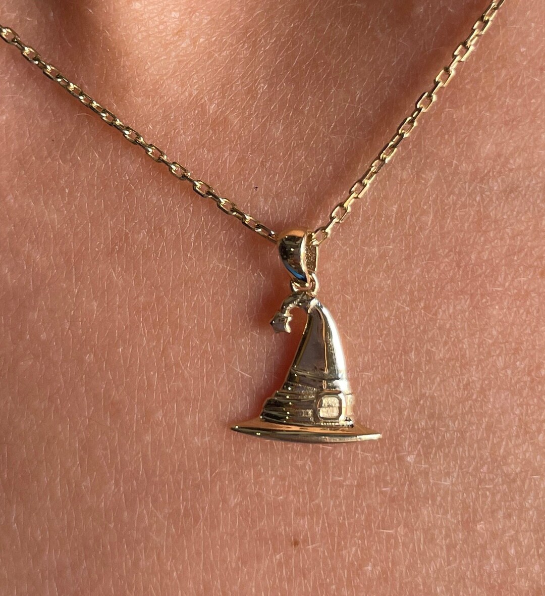 14K Solid Gold Halloween Necklace, Gold Witch Necklace, Gold Witch Hat ...