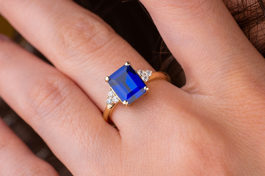 14k Solid Gold Deep Blue Emerald Cut Baguette Ring, Solitaire Promise ...