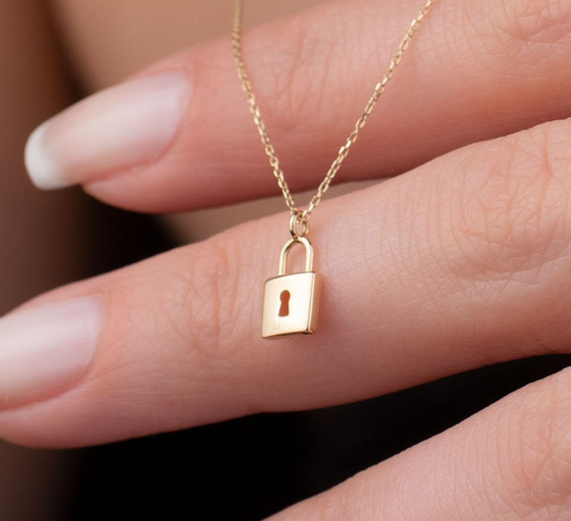 Gold Lock Necklace 14k Solid Gold Necklace Lock Pendant - Etsy