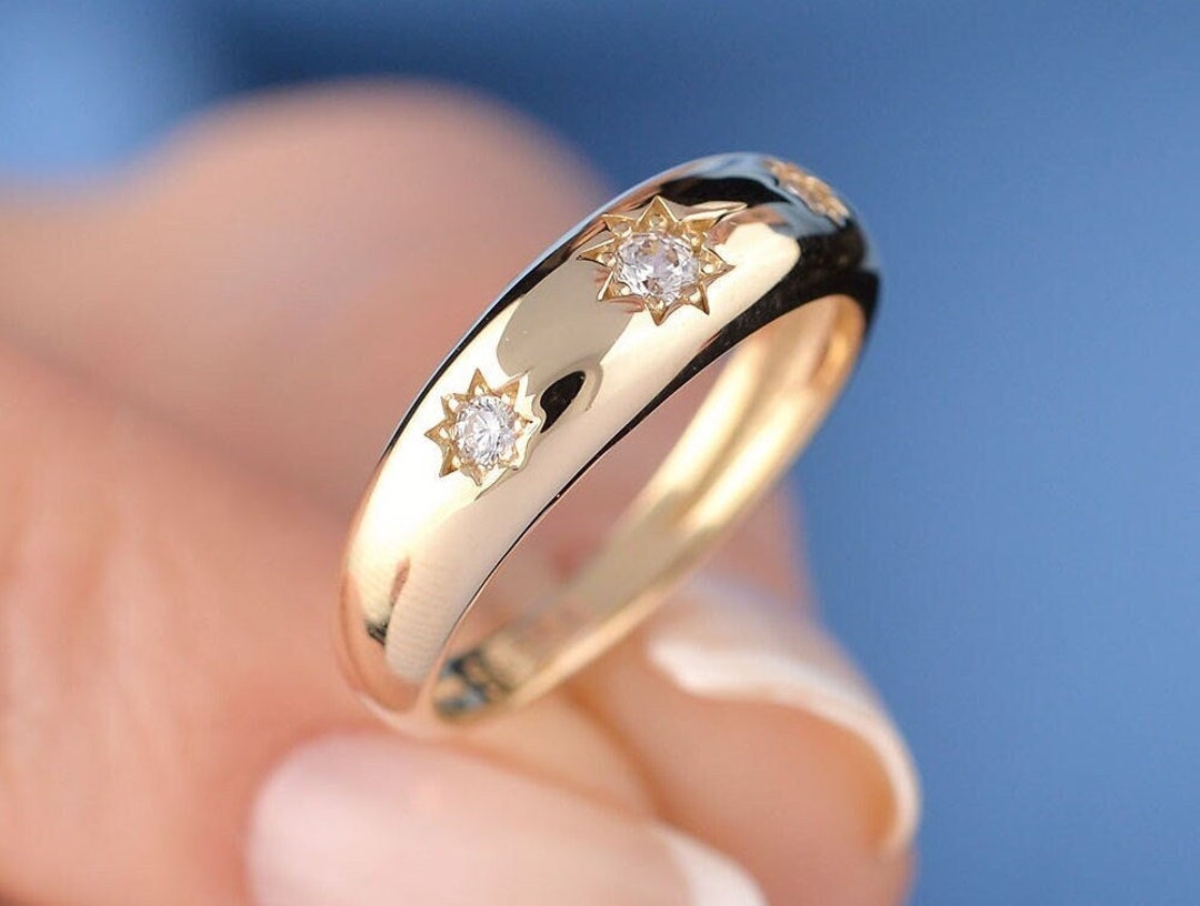 Star Signet Ring, 14k Solid Gold Ring, Star Dome Ring, Starburst ...