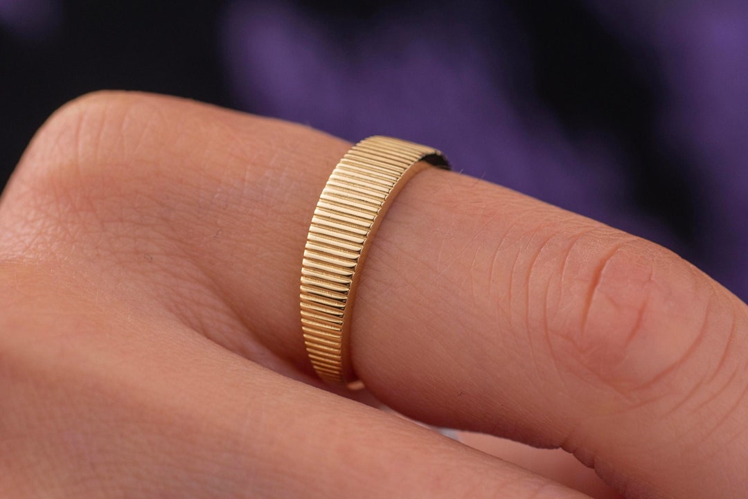14k Solid Gold Ribbed Ring, Striped Ring, Gold Ridge Ring, Gold Matte ...