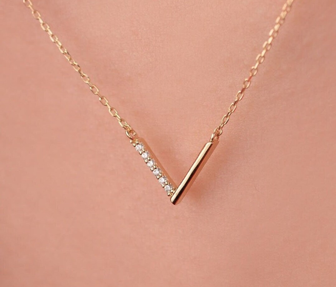 V Shaped Necklace, 14k Solid Gold Necklace, Gold Chevron Necklace ...