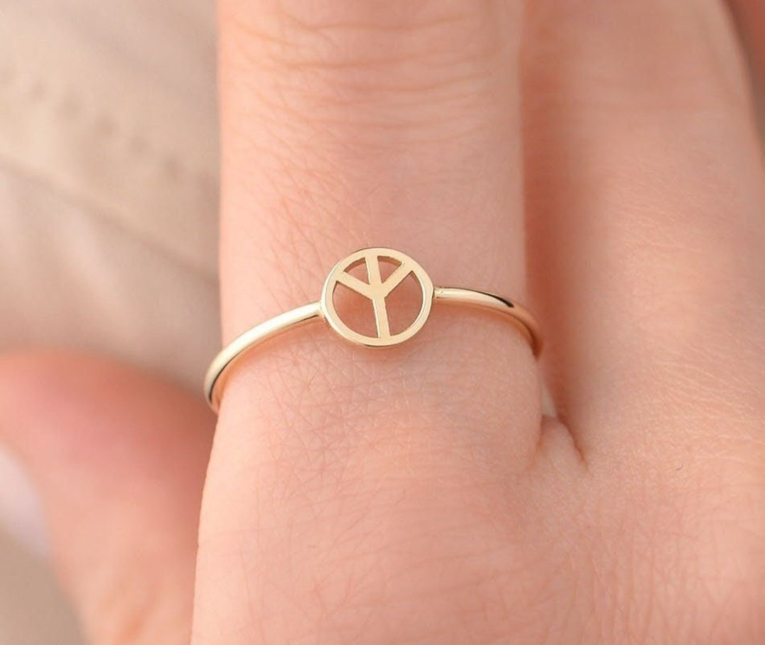 Peace Sign Ring, 14k Solid Gold Ring, Boho, Hippie Ring, Gold Peace ...