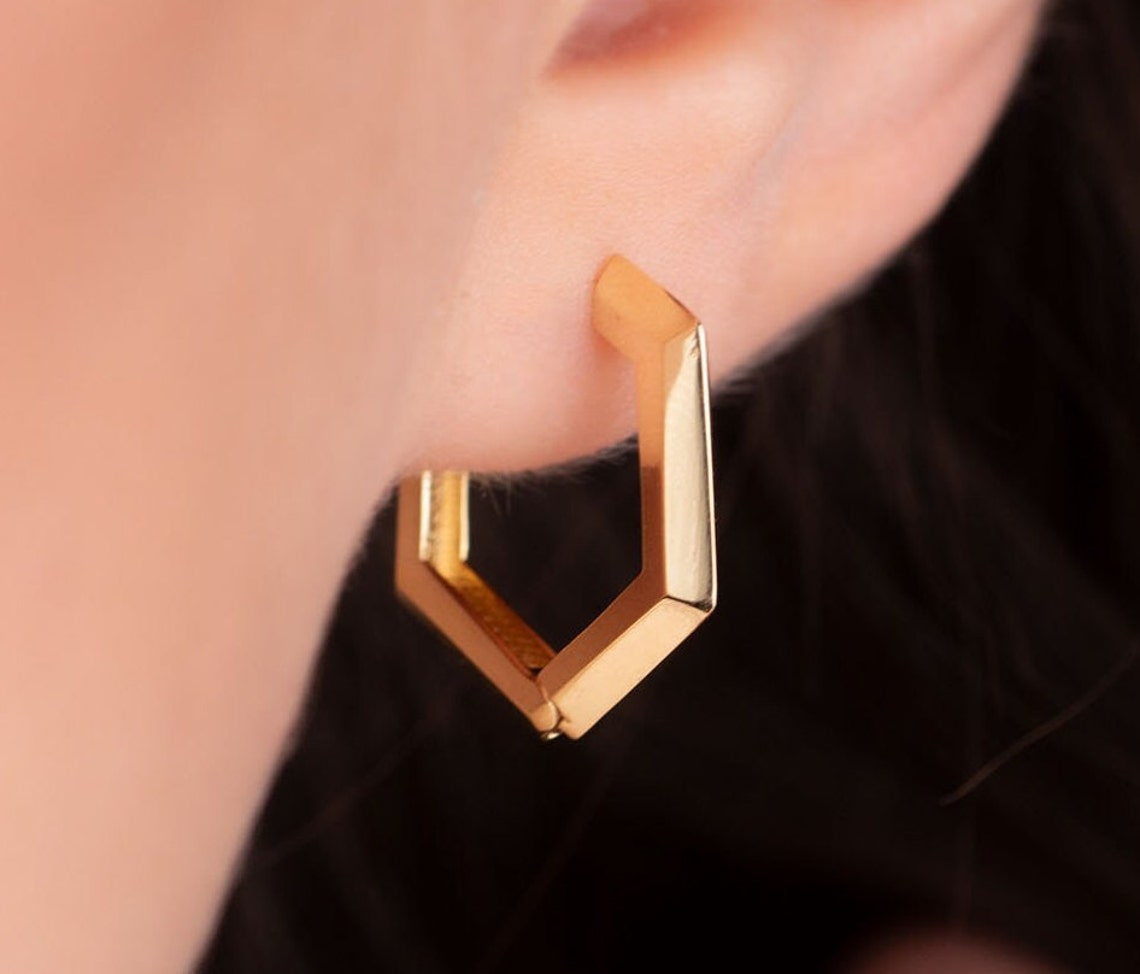 Gold Hexagon Hoop Earring Asymmetrical Earring 14k Solid - Etsy