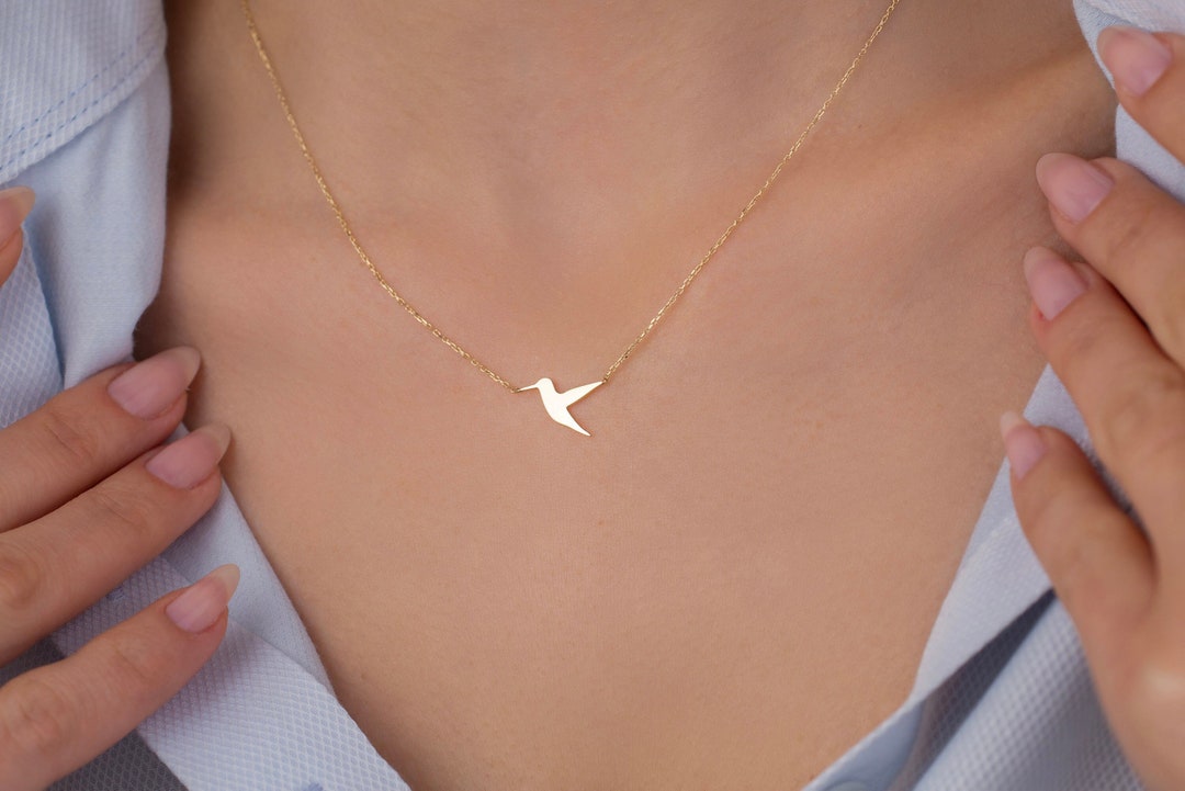14k Solid Gold Hummingbird Necklace, Flying Colibri Necklace, Bird ...