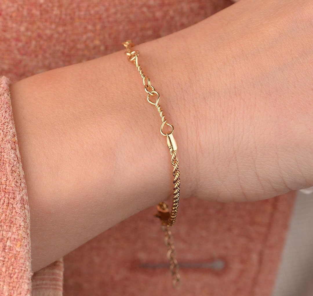 14K Solid Gold Bracelet, Gold Link Bracelet, Thin Rope Bracelet, Rope ...