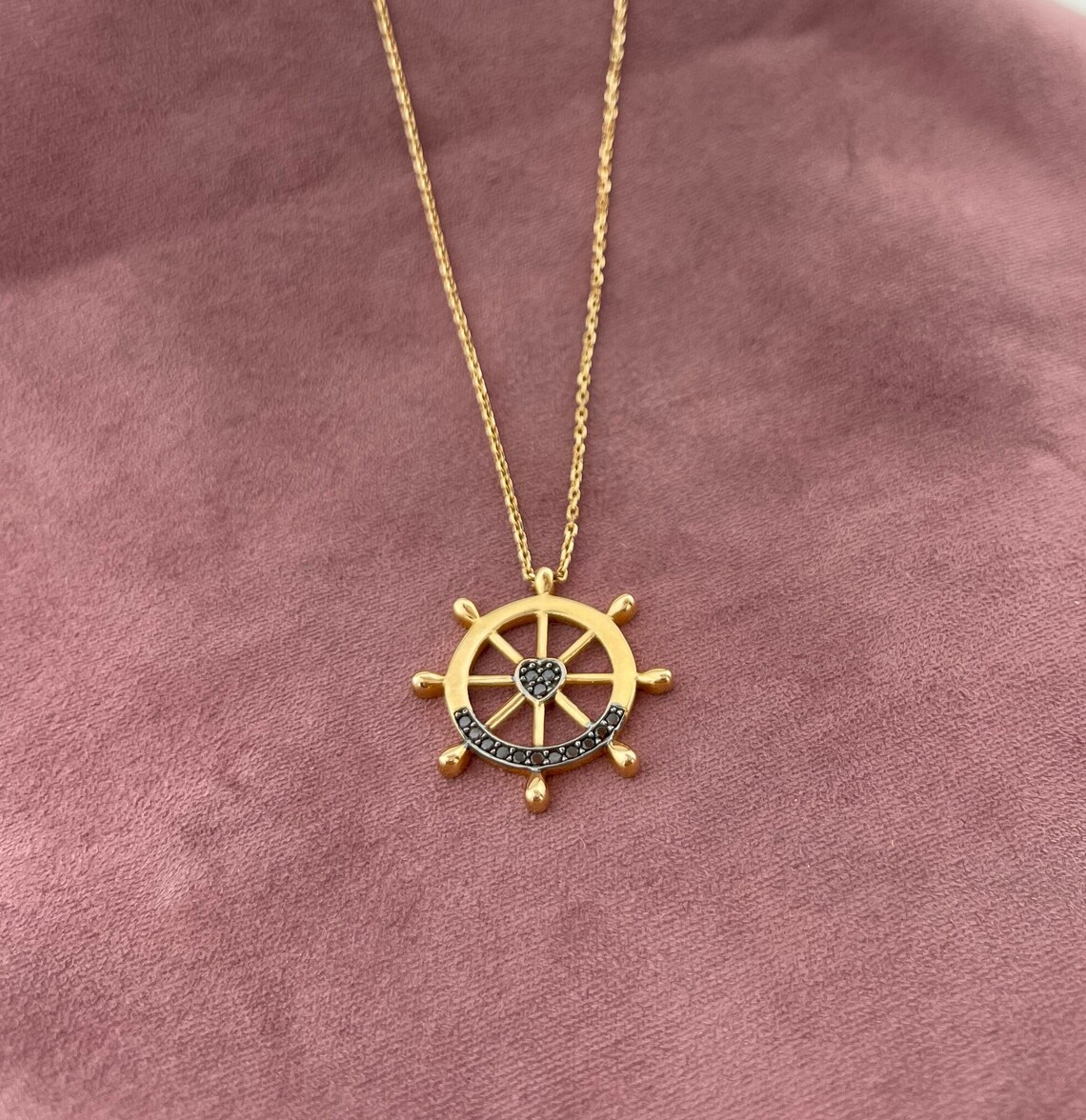 14k Gold Ship Wheel Necklace, Rudder Pendant, Nautical Necklace, Sea ...
