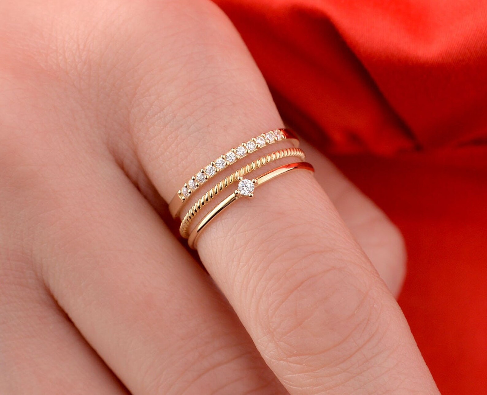 Multi Band Ring Trio Ring Three Row Ring 14k Solid Gold - Etsy